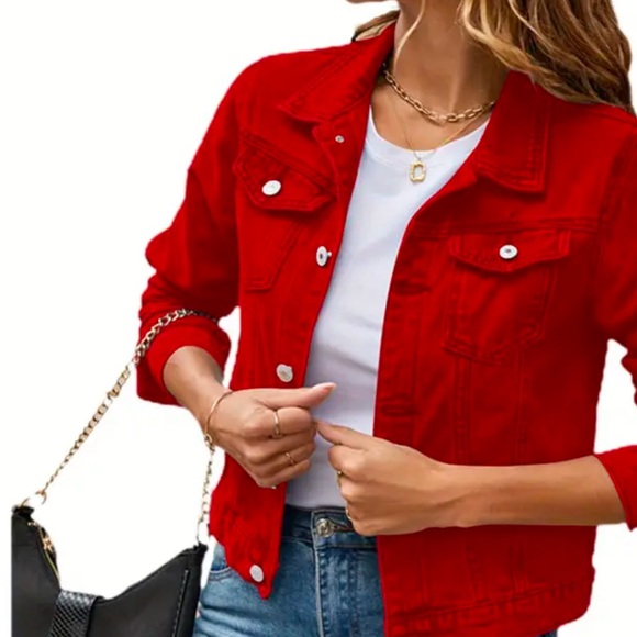 Jackets & Coats | Nwot Womens Red Denim Jacket Soft And Casual Size Xl ...